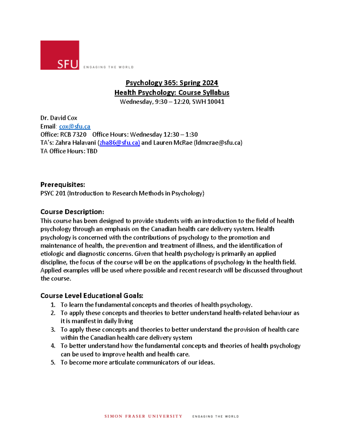 Psyc365Syllabus Spring 2024 - Psychology 365: Spring 2024 Health ...