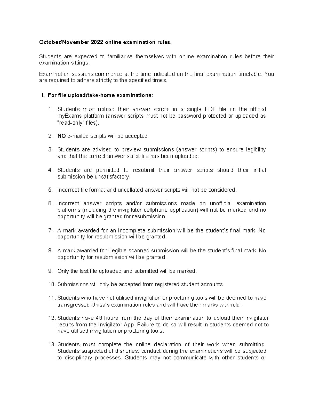 Exam Rules October November 2022 Online Examination Rules October