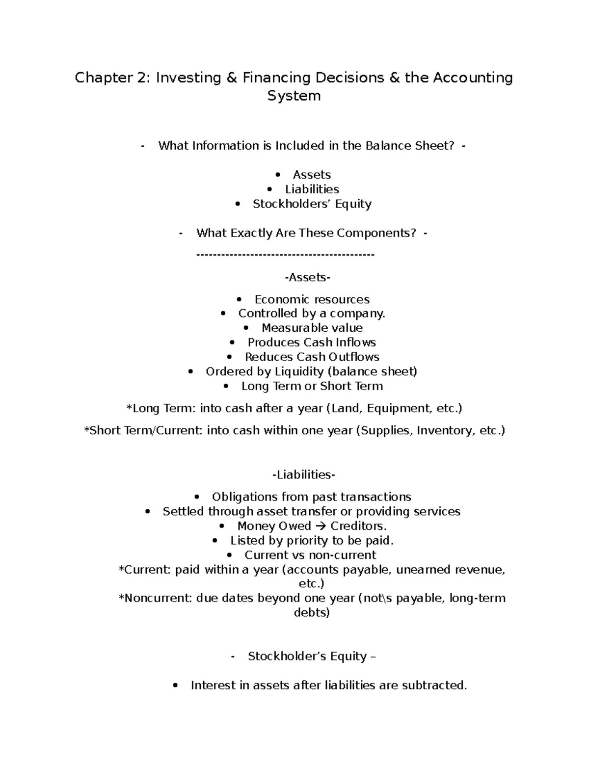 Financial Accounting Notes Chapter 2 Chapter 2 Investing