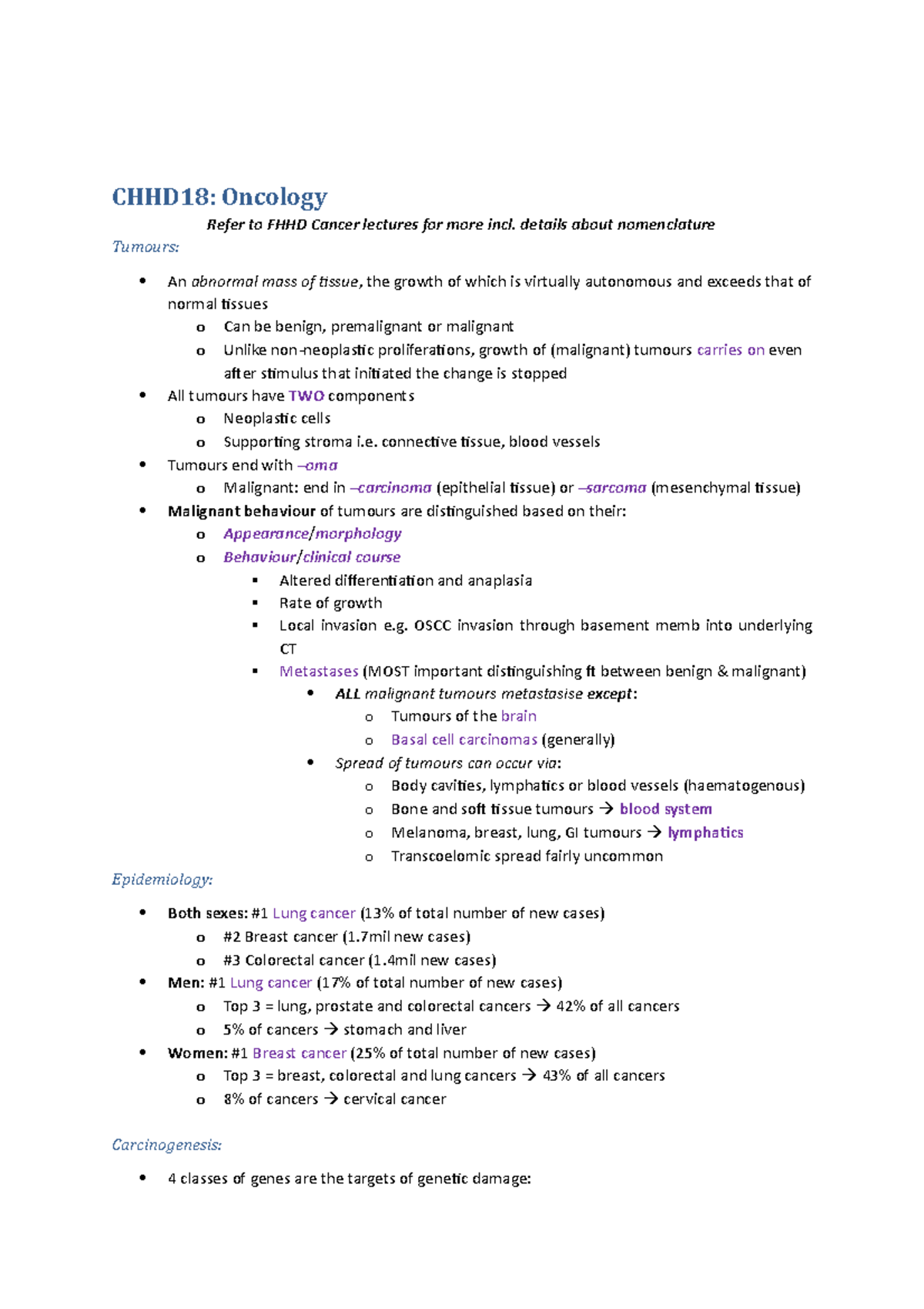 Oncology diseases - Full notes on this topic, with pictures and tables ...