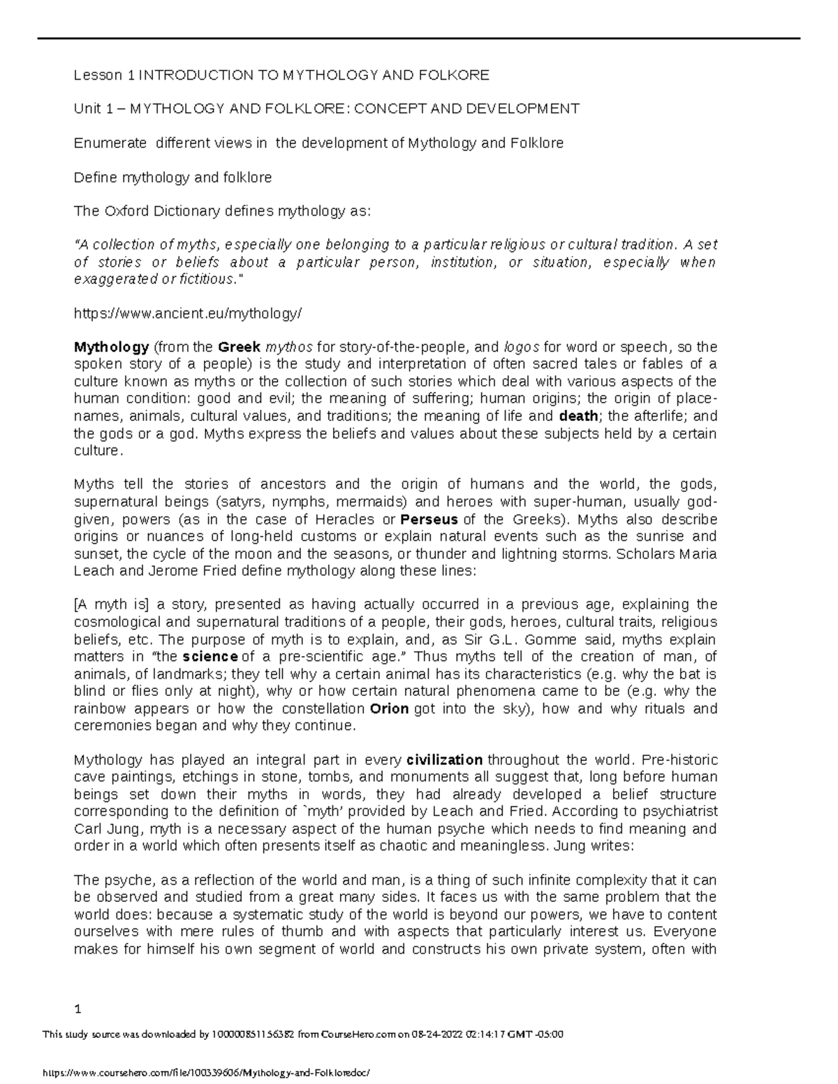 Mythology and Folklore - Lesson 1 INTRODUCTION TO MYTHOLOGY AND FOLKORE ...