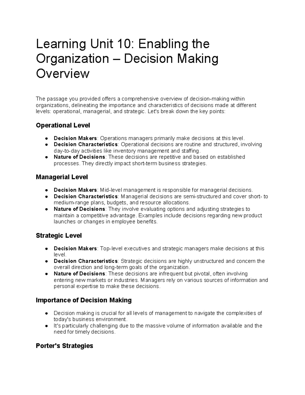 Learning Unit 10 Enabling the Organization – Decision Making Overview ...