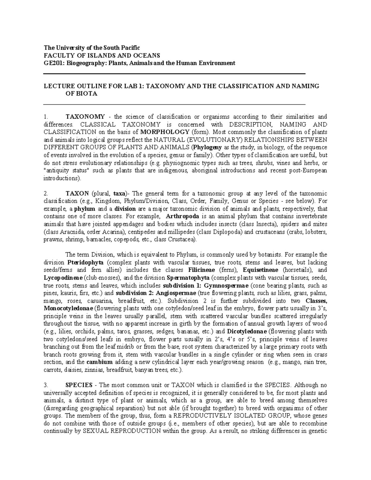GE201 Tutorial Reading on Taxonomy, Species, etc - The University of ...