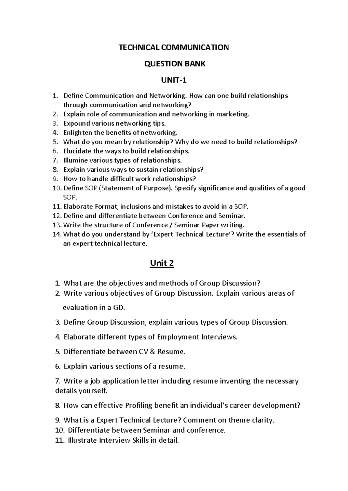 Question Bank TC - TECHNICAL COMMUNICATION QUESTION BANK UNIT- 1 1 ...