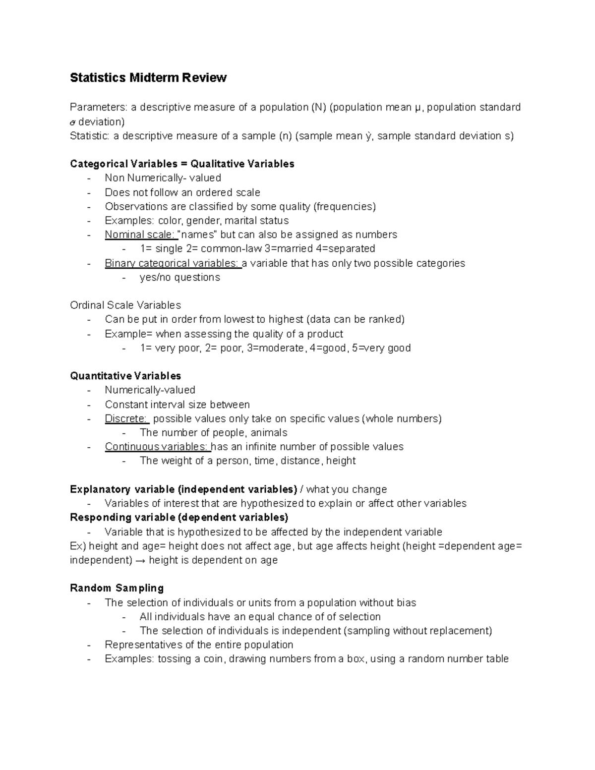 Statistics Midterm Review-2 - Statistics Midterm Review Parameters: a descriptive measure of a ...