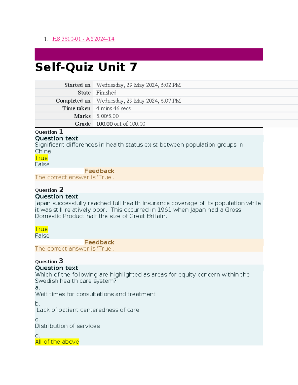 HS 3810 Self Quiz 7 - Self Quiz 7 - 1. HS 3810-01 - AY2024-T Self-Quiz Unit 7 Started on ...