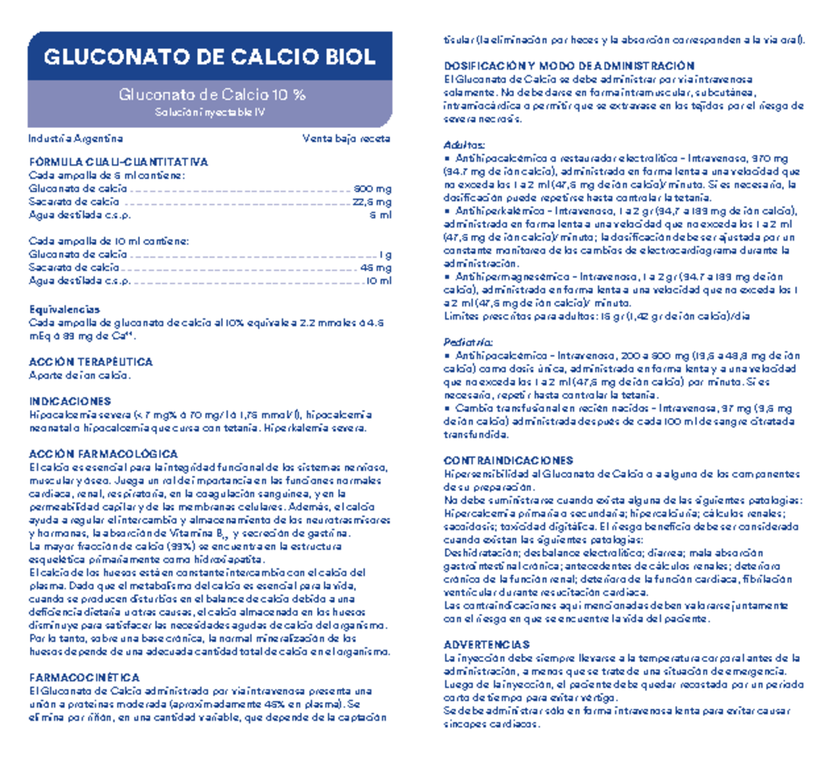 Gluconato de Calcio Biol - FÓRMULA CUALI-CUANTITATIVA Cada ampolla de 5 ...