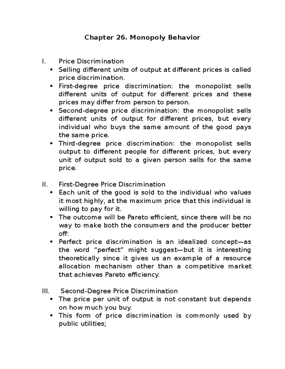 Varian Chapter 26 Econ hx - Chapter 26. Monopoly Behavior I. Price Discrimination Selling - Studocu