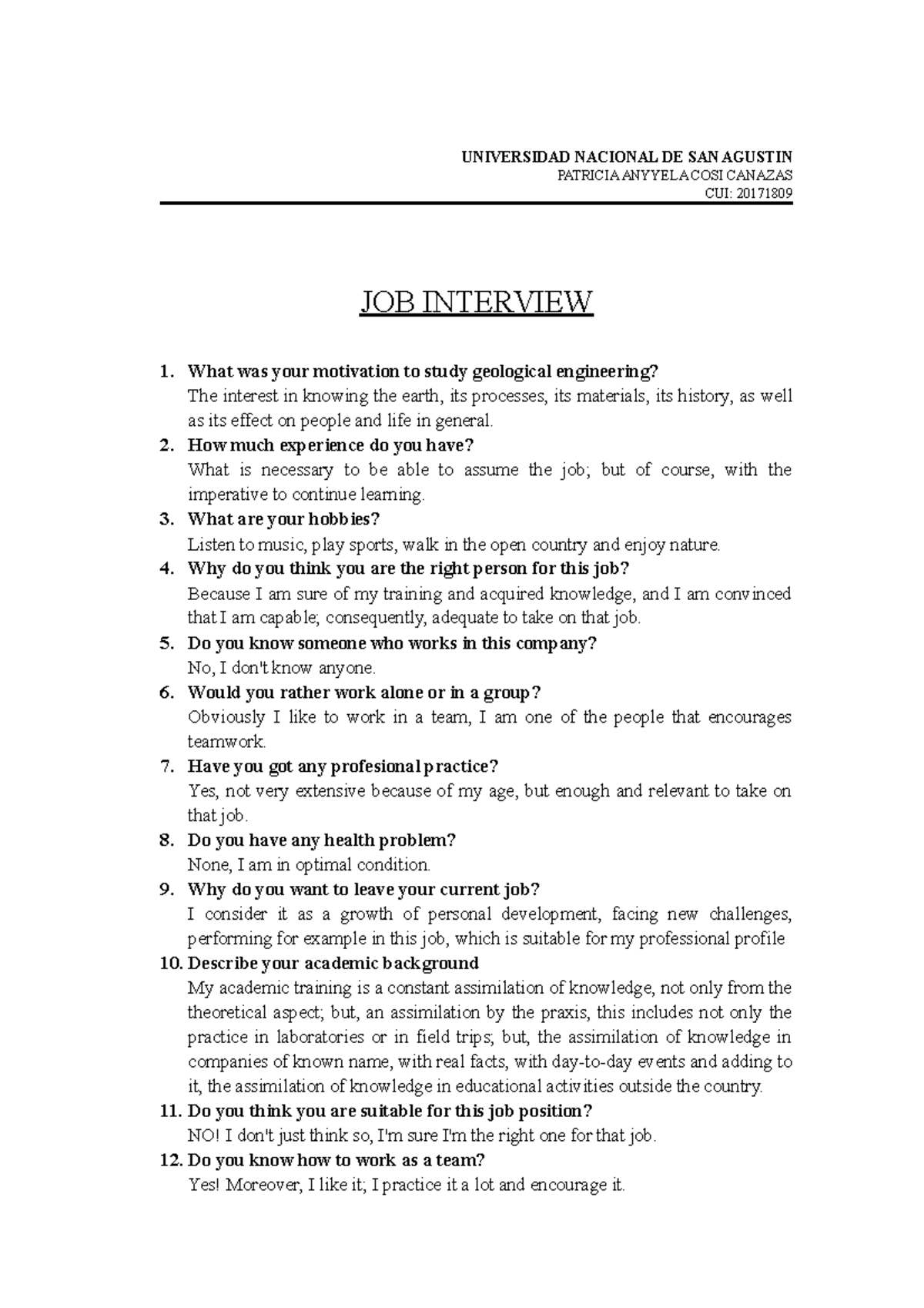 JOB Interview English Technical - UNIVERSIDAD NACIONAL DE SAN AGUSTIN ...