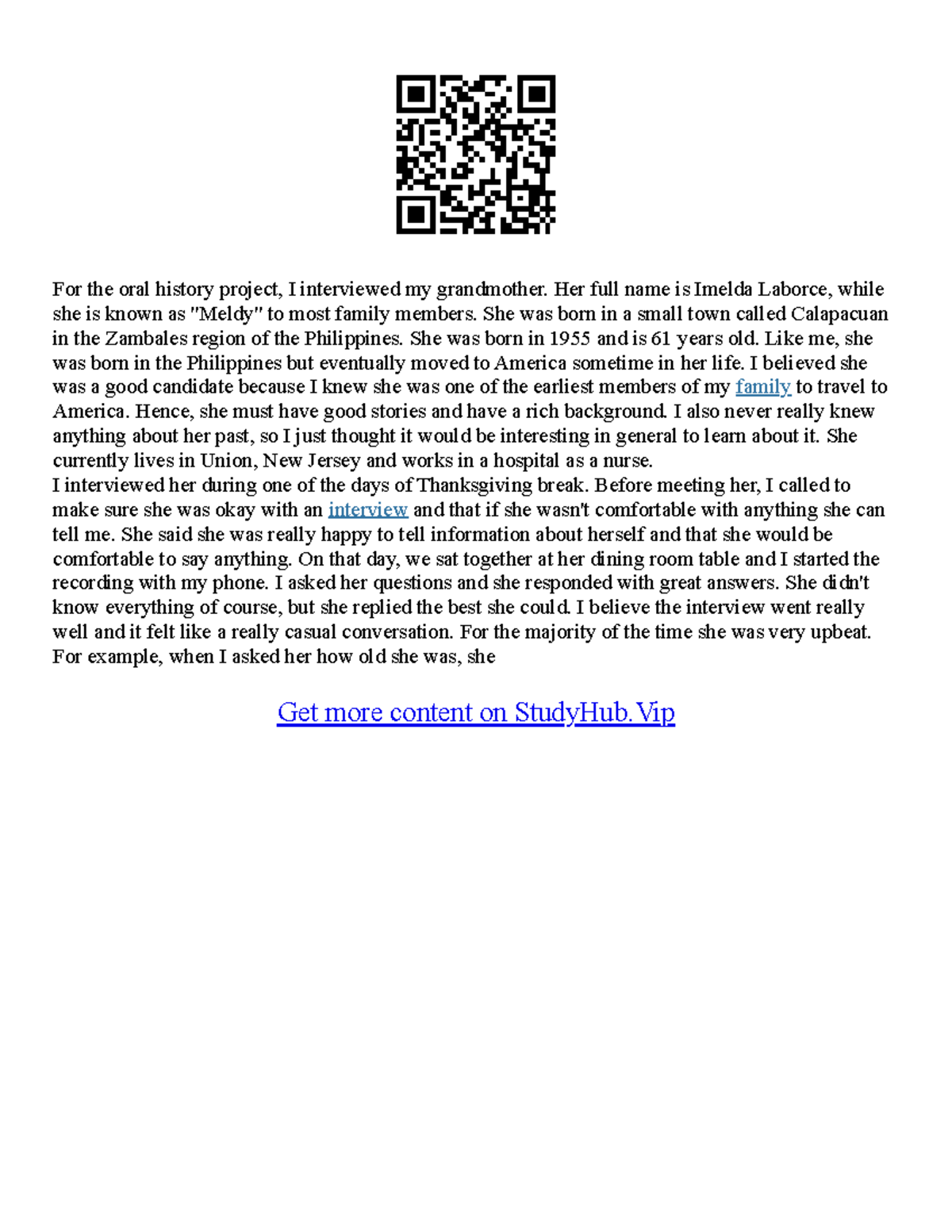 Narrative Interview Essay Example - For the oral history project, I ...