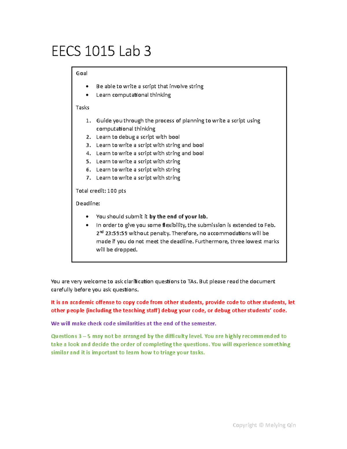 Lab 3 handout - Lab3 - EECS 1015 Lab 3 You are very welcome to ask clarifica on ques ons to TAs ...