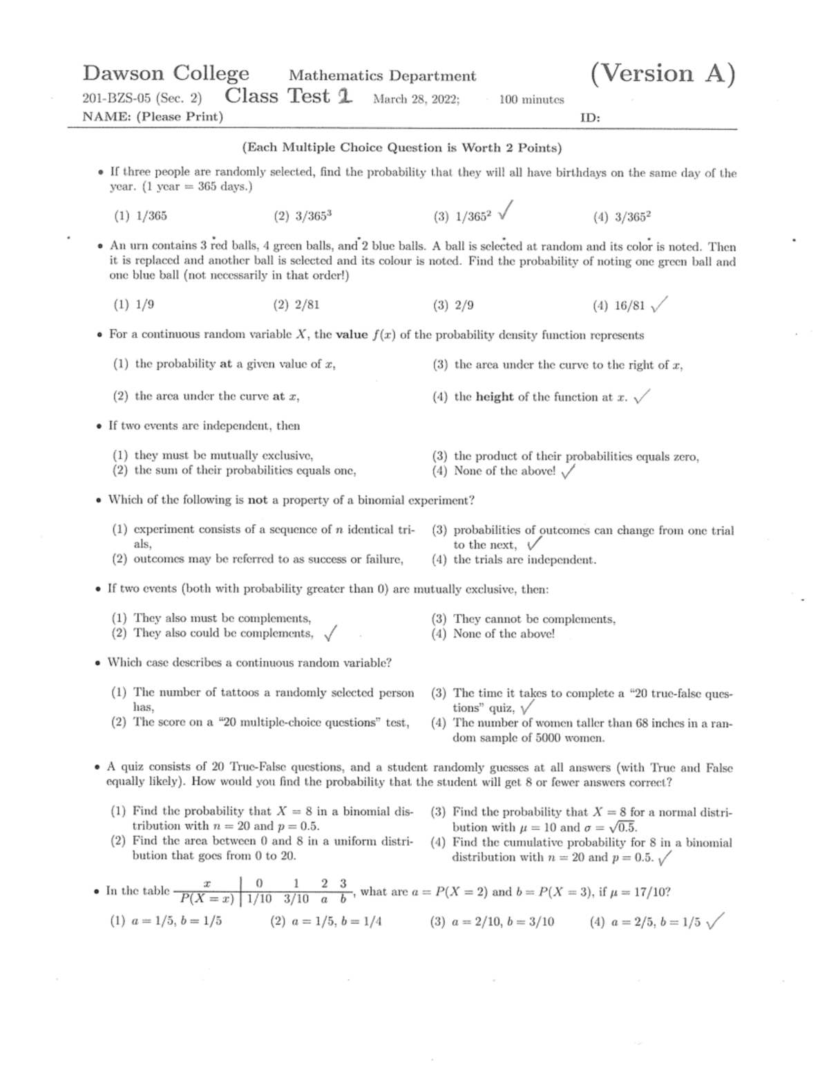 Class Test 2 A - Test answers - 201-BZS-05 - Studocu