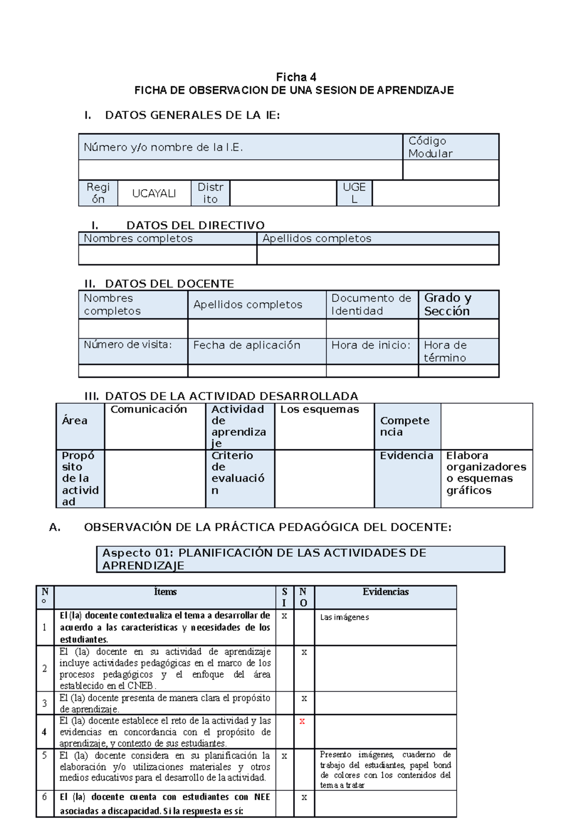 Ejemplo de llenado de la ficha de observacion de sesion de clase y cuaderno de campo - Ficha 4 ...
