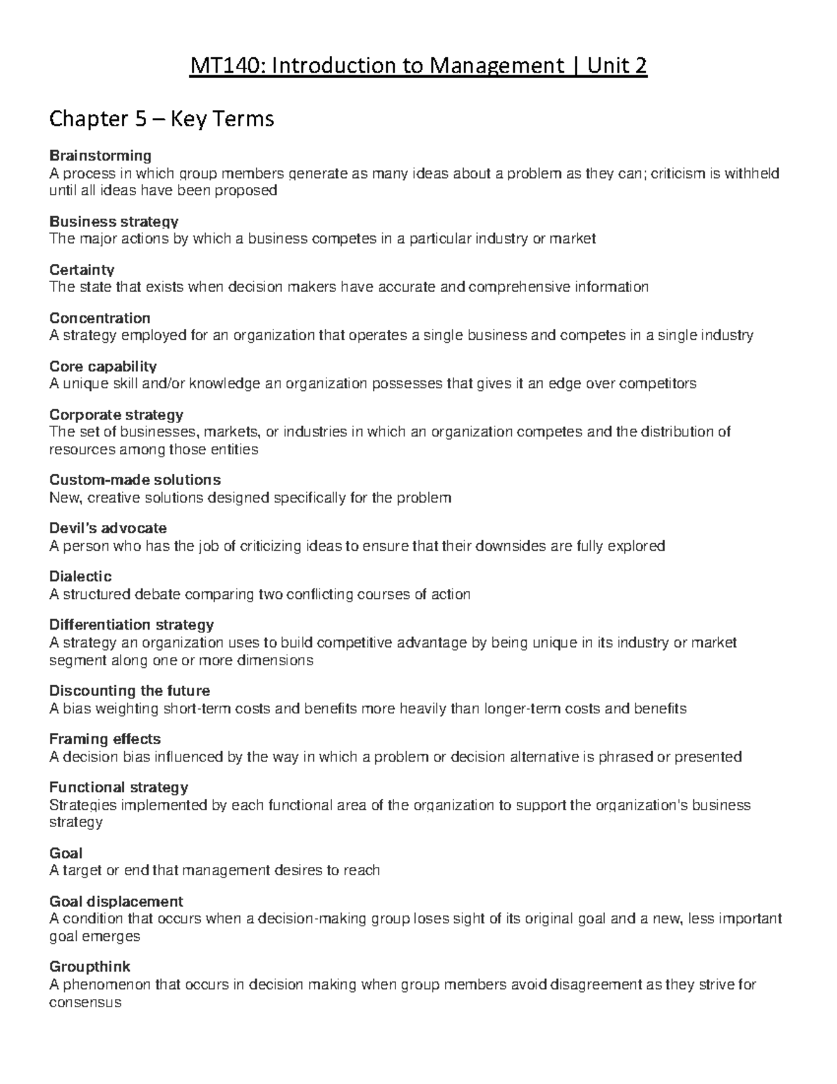 MT140 Chapter 5 - MT140: Introduction to Management | Unit 2 Chapter 5 – Key Terms Brainstorming ...