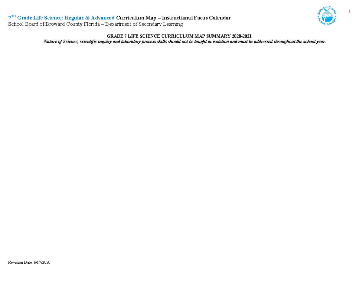 2020 221 mj life science curriculum map - 7 TH Grade Life Science ...