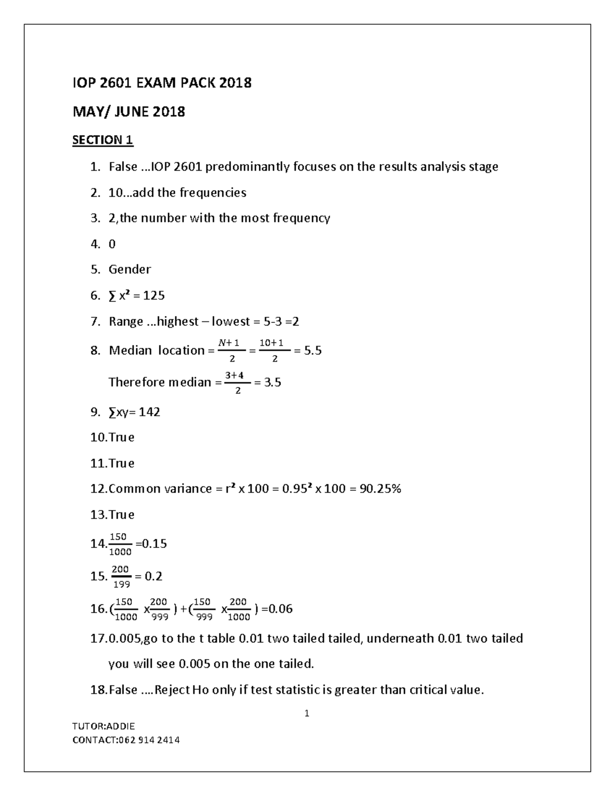 IOP 2601 EXAM PACK 2018 - TUTOR:ADDIE 1 IOP 2601 EXAM PACK 2018 MAY ...
