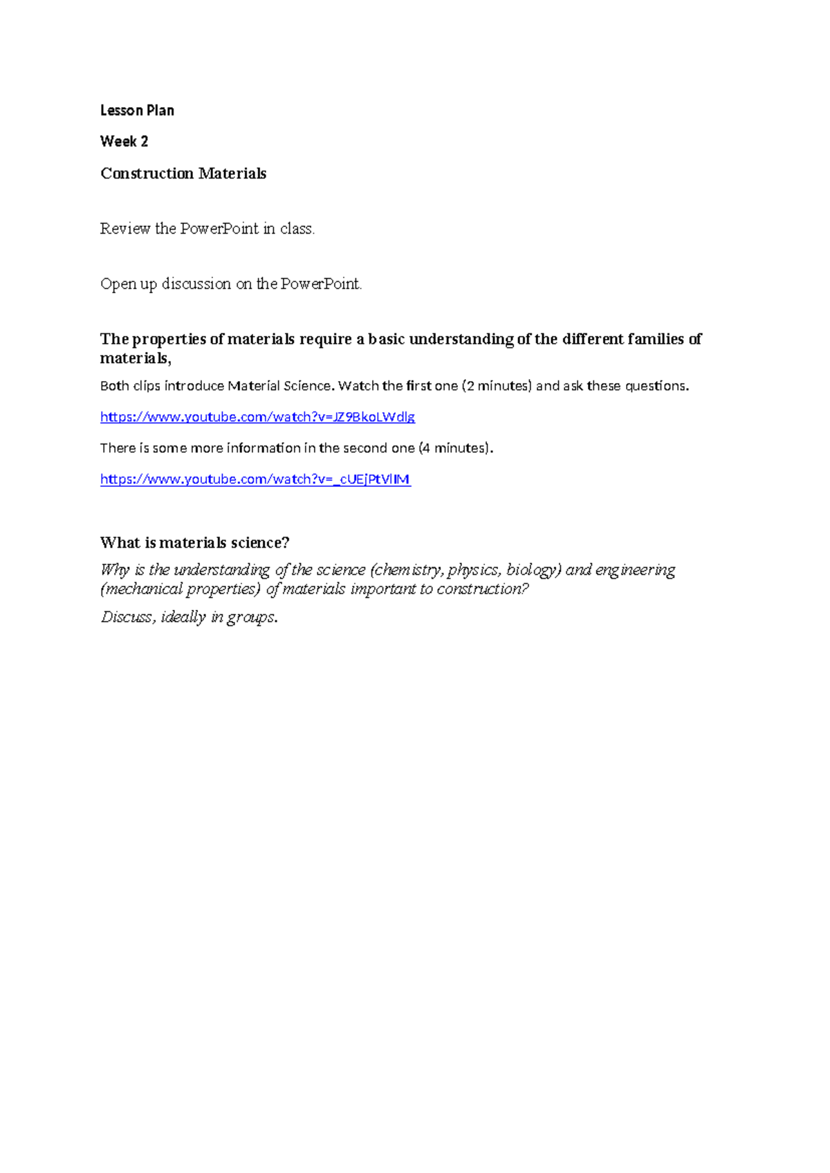 Tutorial 2 Lesson Plan 2024 - Lesson Plan Week 2 Construction Materials ...