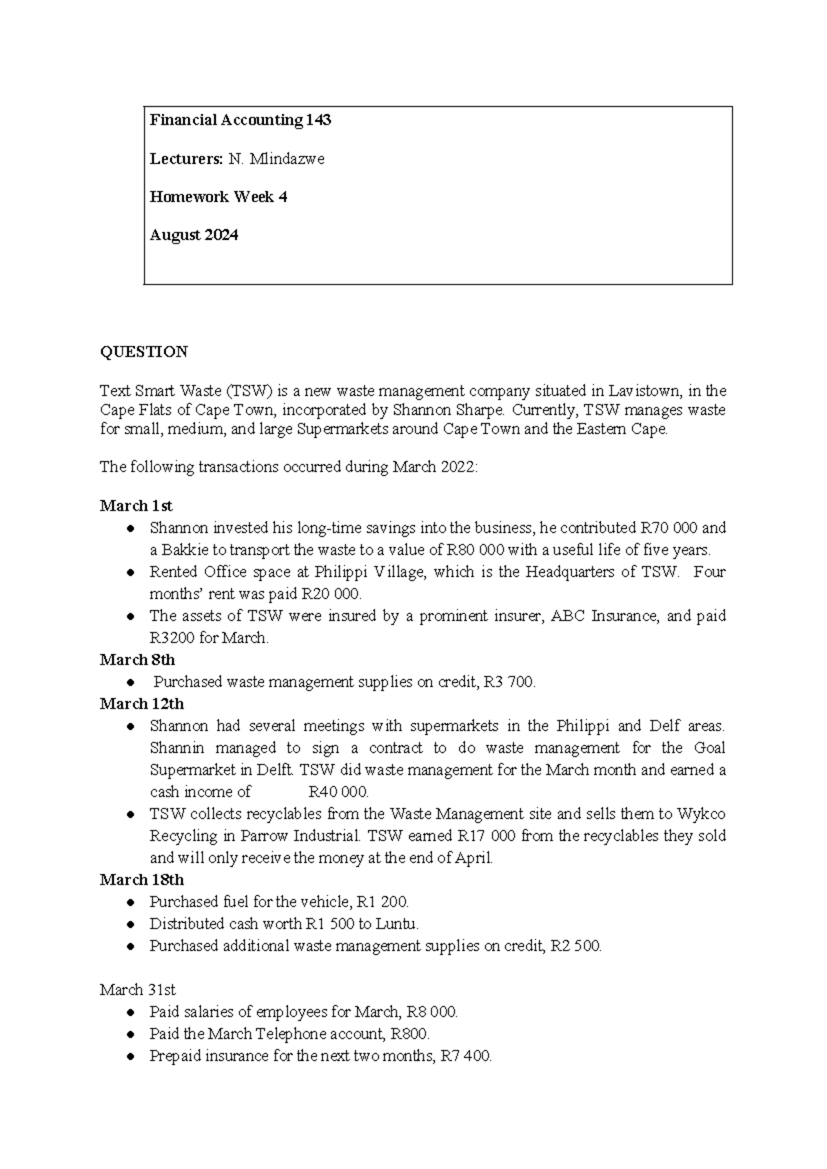 Homework 3 - FIA - Financial Accounting 143 Lecturers: N. Mlindazwe ...