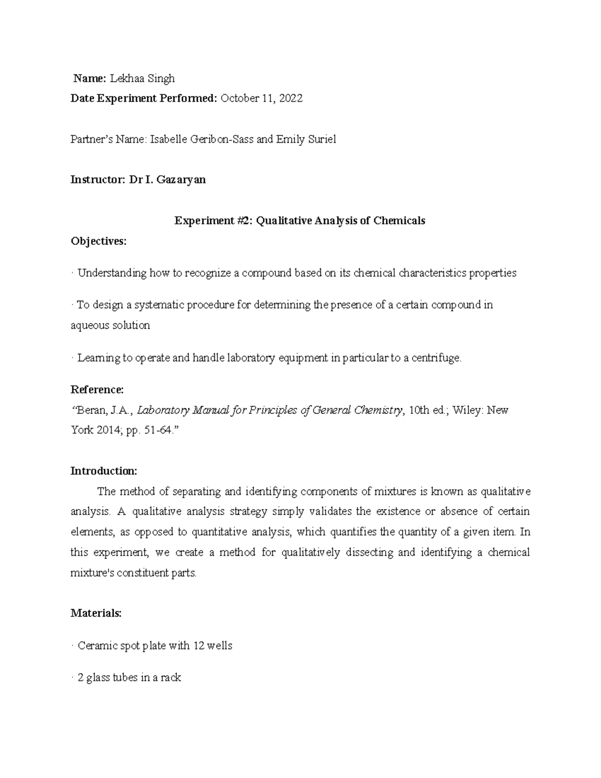 CHE 111 Lab EXP #2 - Qualitative Analysis of Chemicals - Name: Lekhaa ...