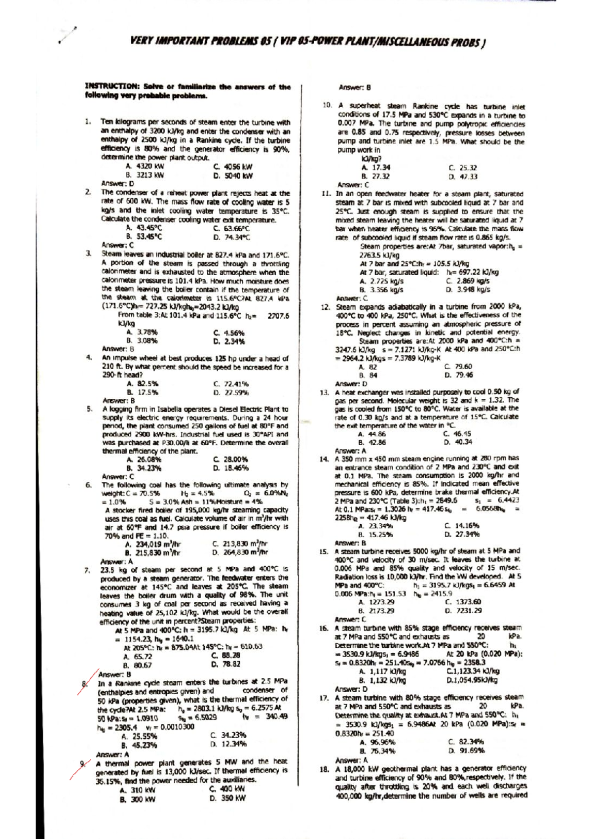 VIP 05 Power Plant Miscellaneous Problems - VERY IMPORTANT PROBLEMS 05 VIP PROBS) INSTRUCTION ...
