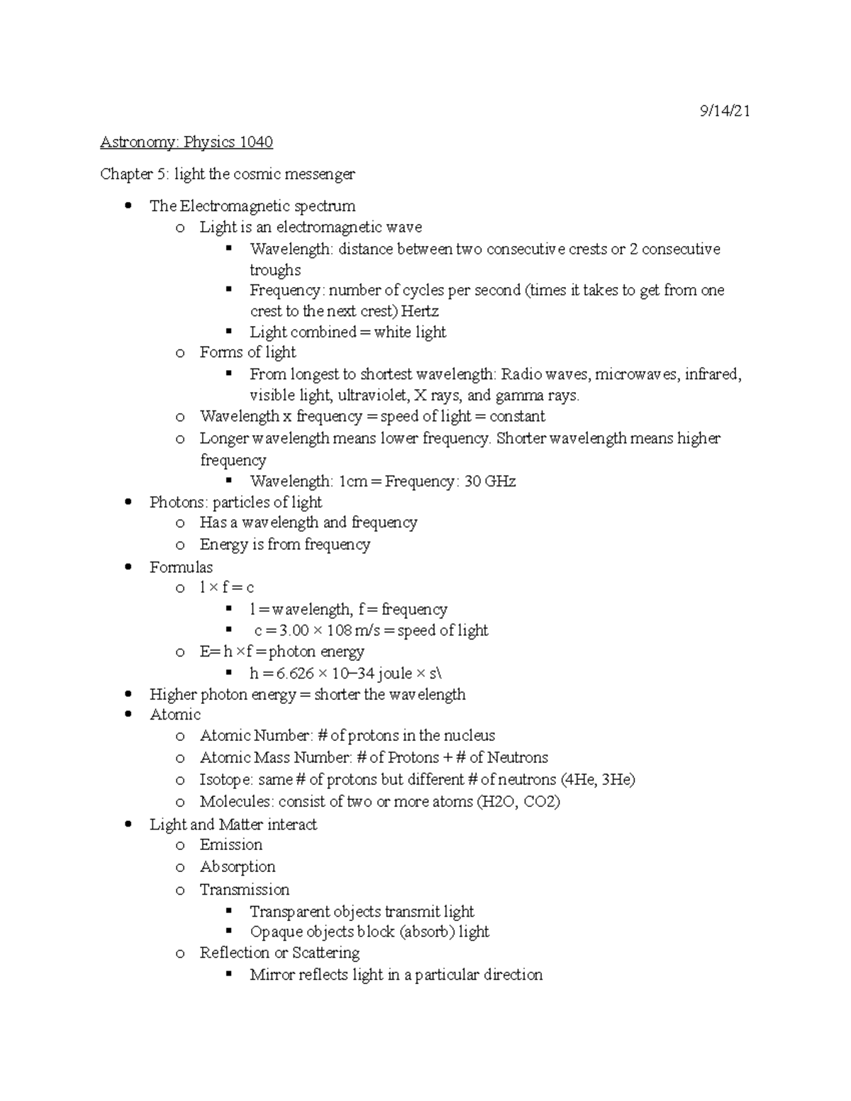 Astronomy Chapter 5 - 9/14/ Astronomy: Physics 1040 Chapter 5: light ...