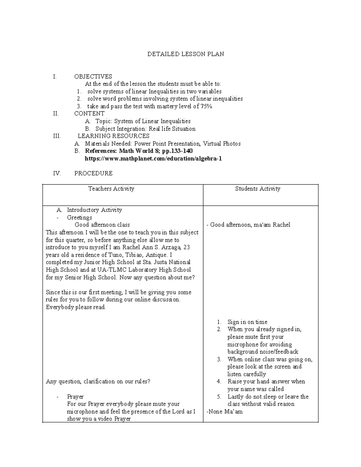 G8 system of linear inequalities - DETAILED LESSON PLAN I. OBJECTIVES ...