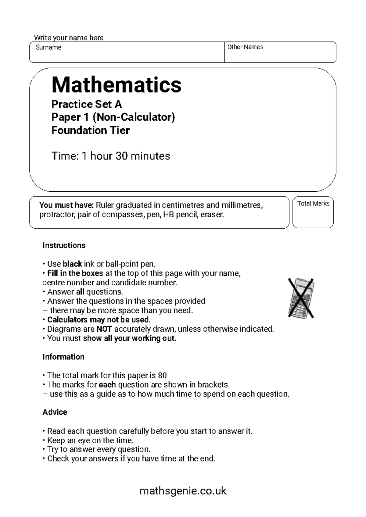 Practice A 1F GSCE Past questions[ 32] - Write your name here Surname ...