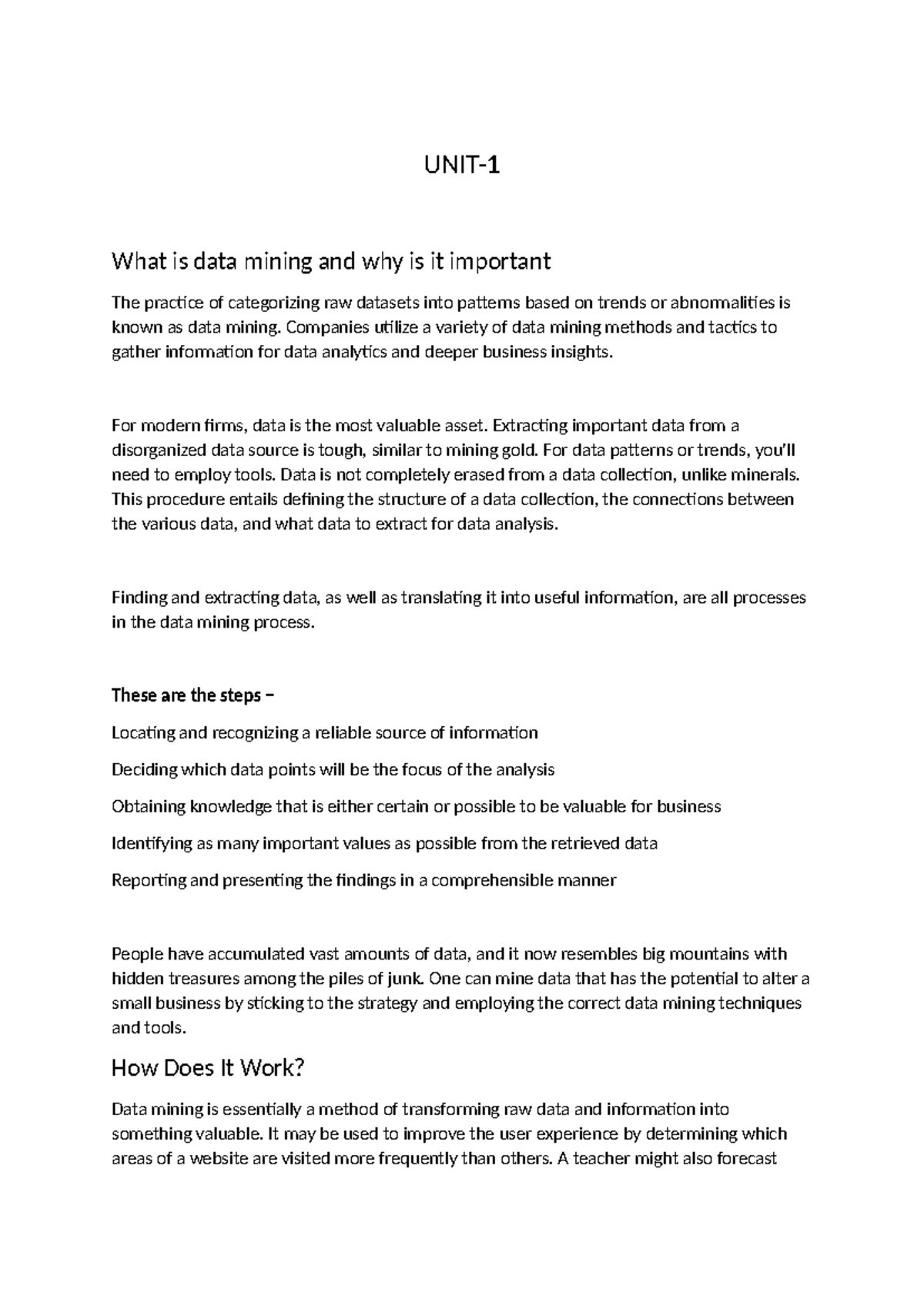 DM & ML-UNIT-1 - UNIT- What is data mining and why is it important The practice of categorizing ...