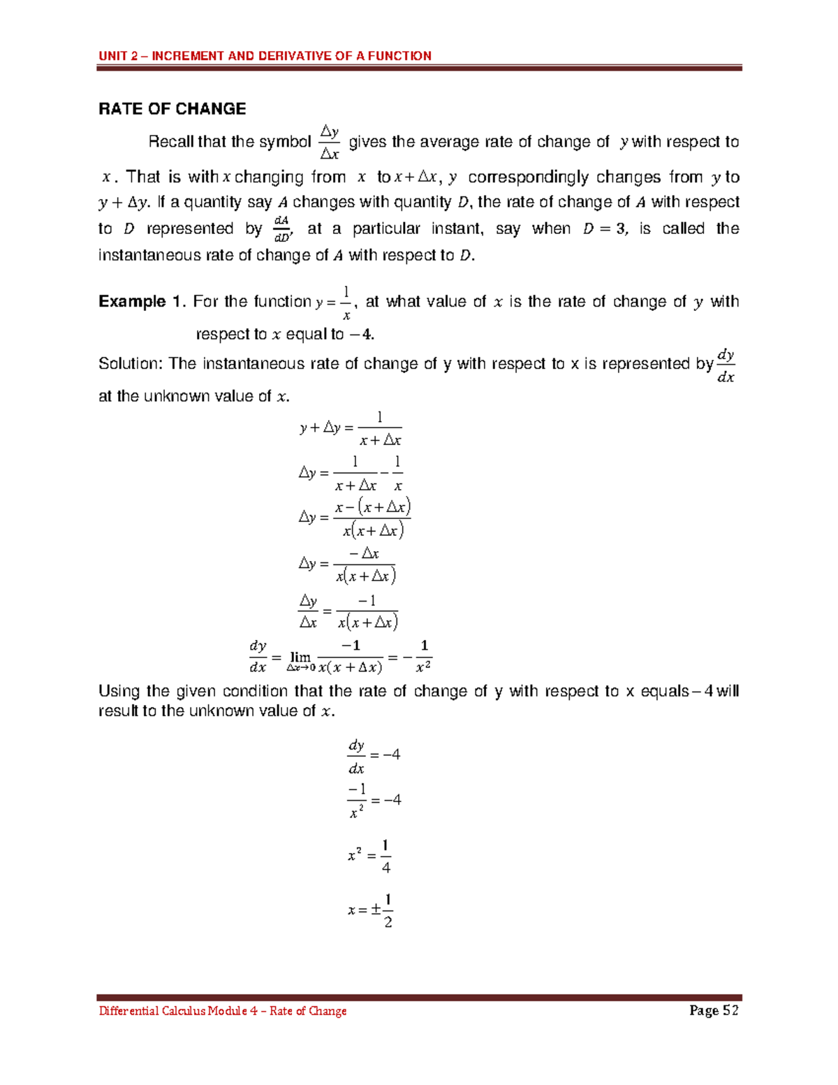 UNIT 2 Module 4 - Derivative OF A Function - RATE OF CHANGE Recall that ...