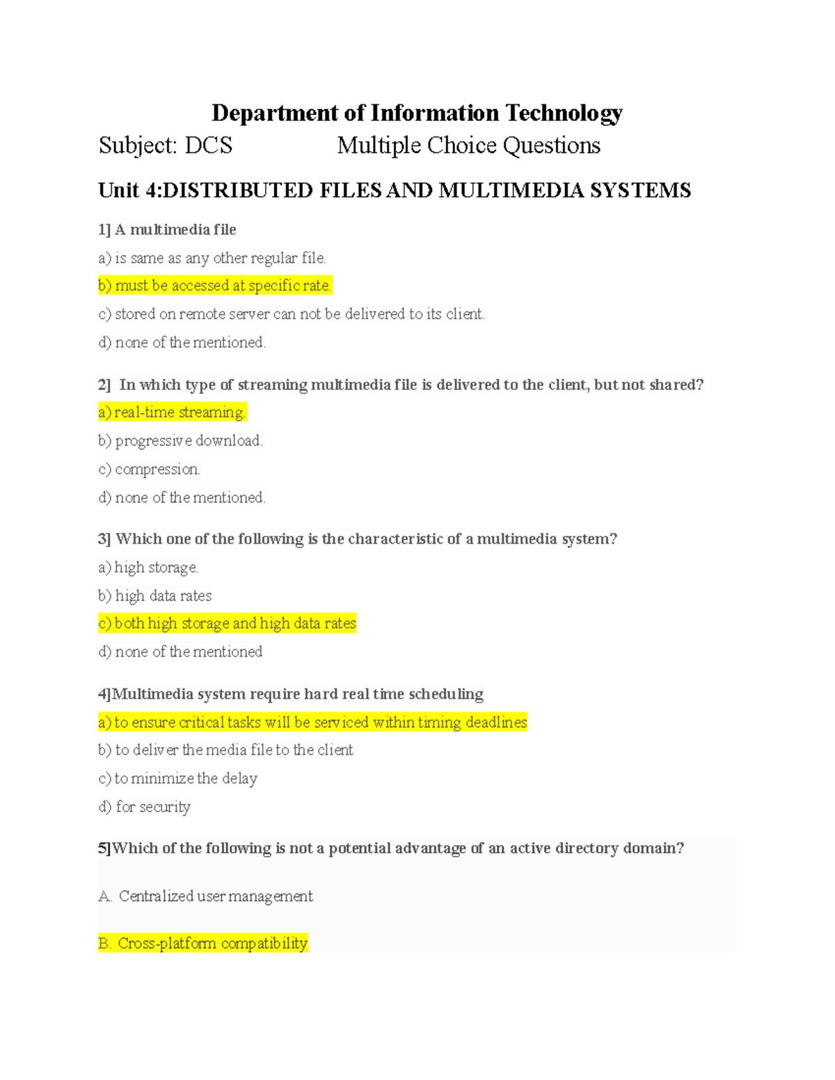 Dcs Unit Iv Mcq Ipc Introduction Layered Protocols Rmi Corba Api For Internet Protocols