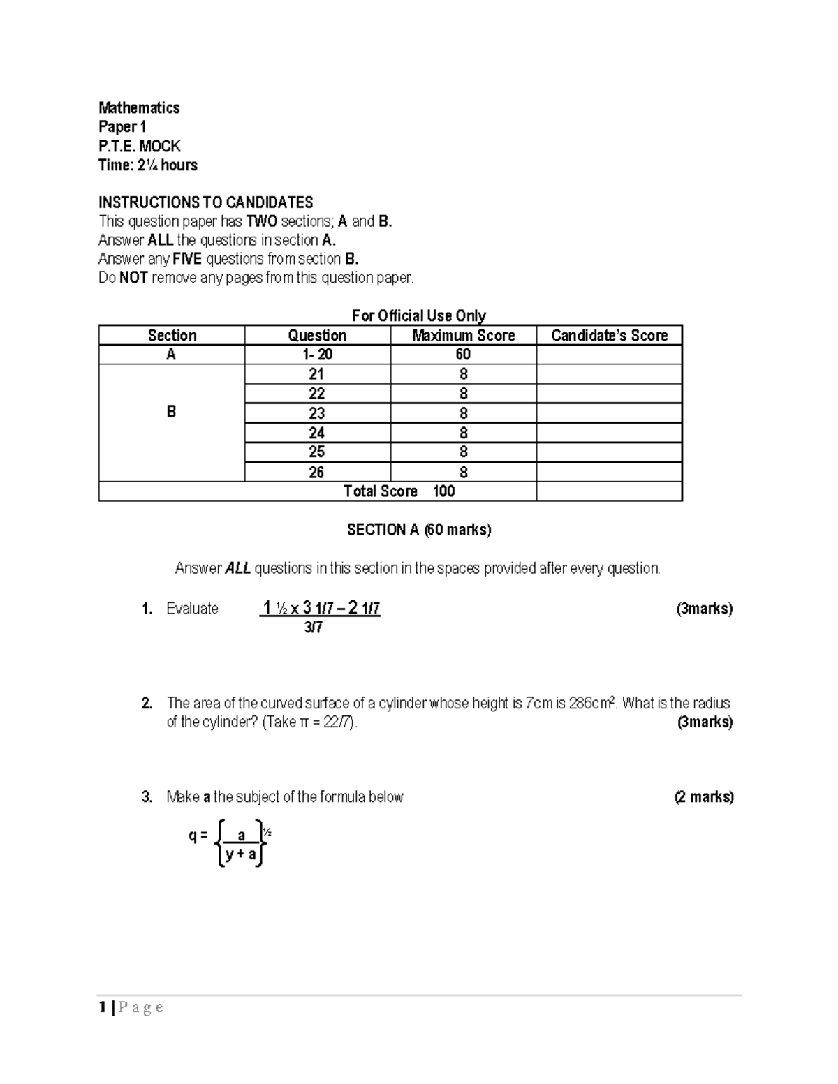 PTE Maths MOCK Examination 2019 mg - Mathematics Paper 1 P.T. MOCK Time ...