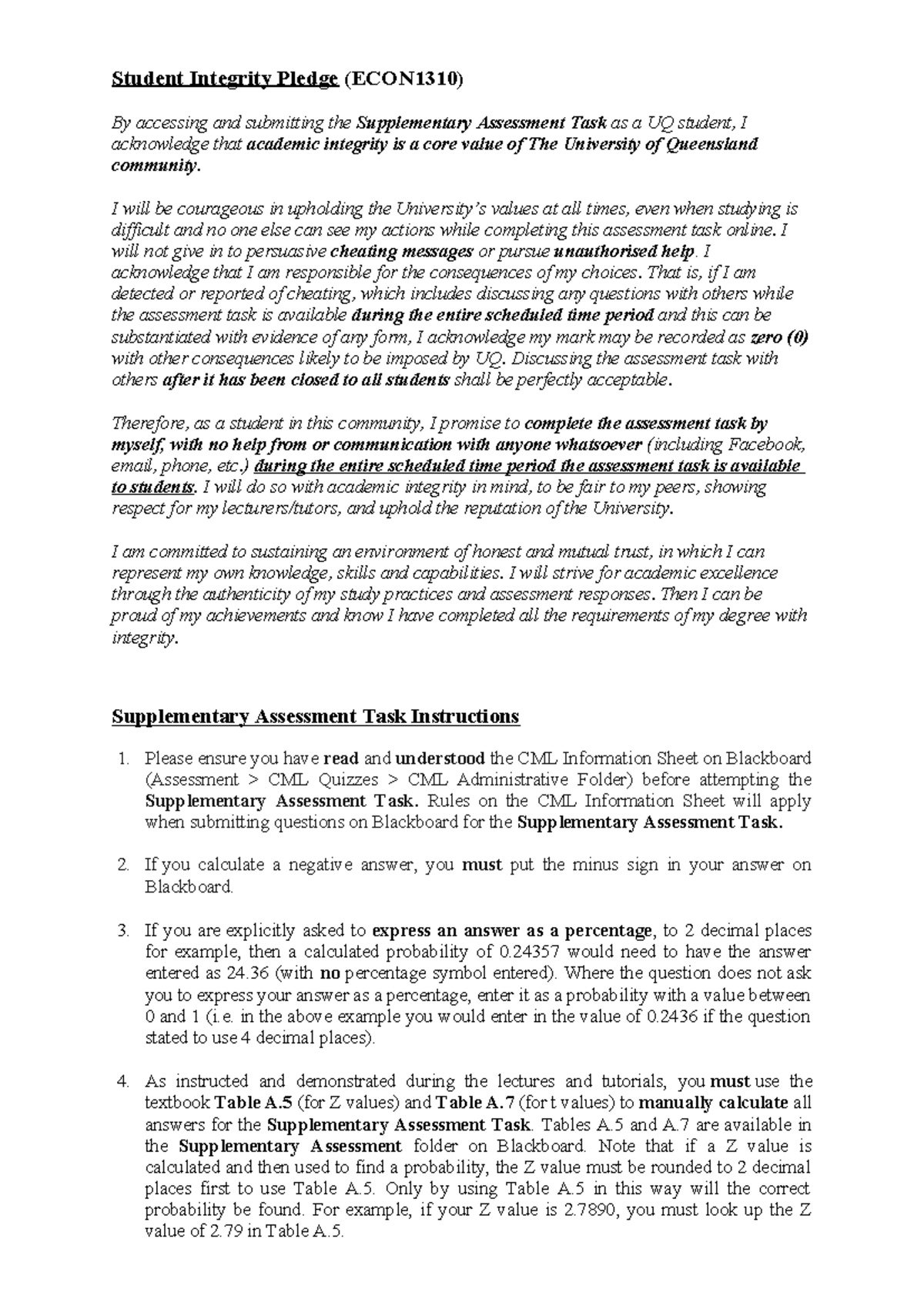 ECON1310 Supp Assessment Task Integrity Pledge and Instructions S3 2023 ...