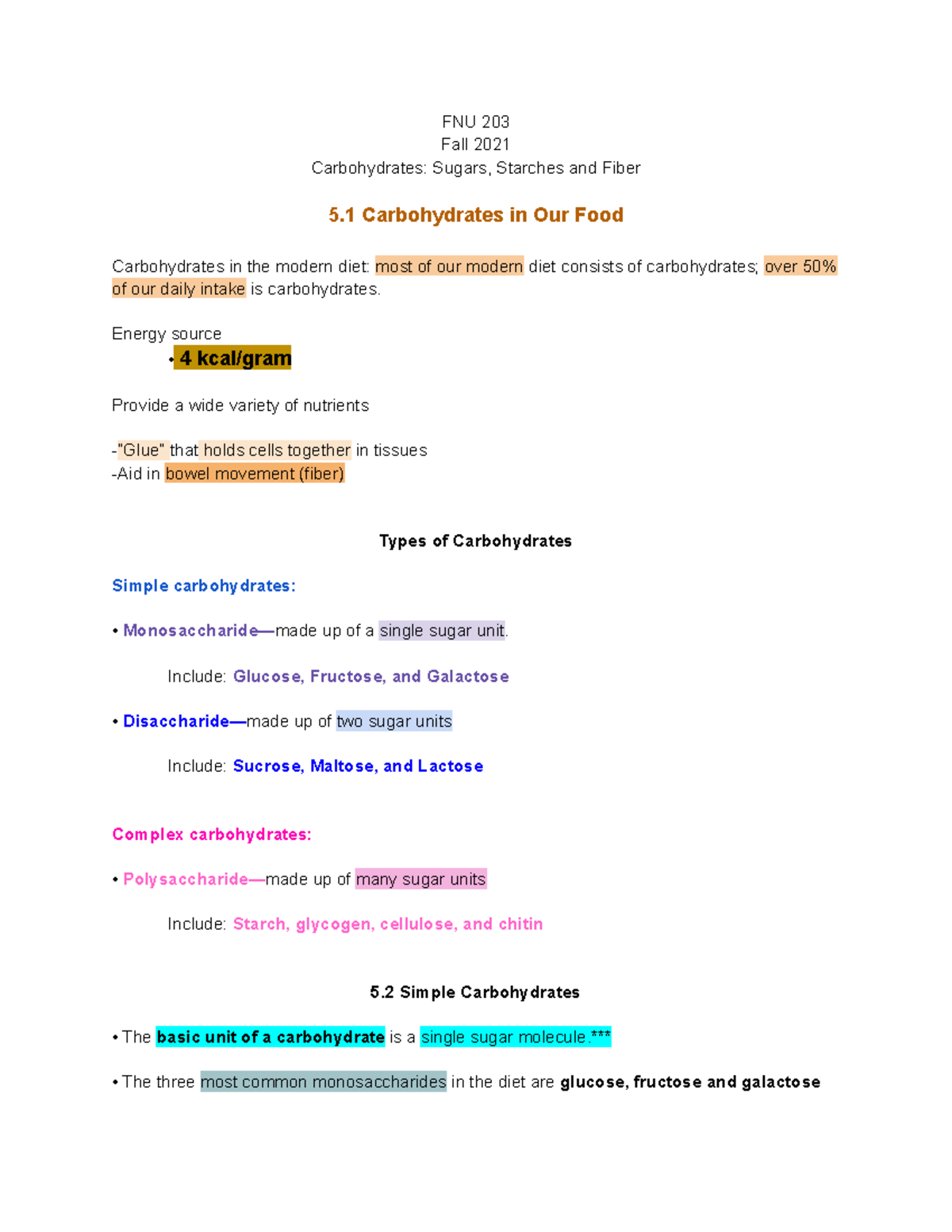FNU 203 Chapter 5 Carb Digestion Notes - FNU 203 Carbohydrates: Sugars ...