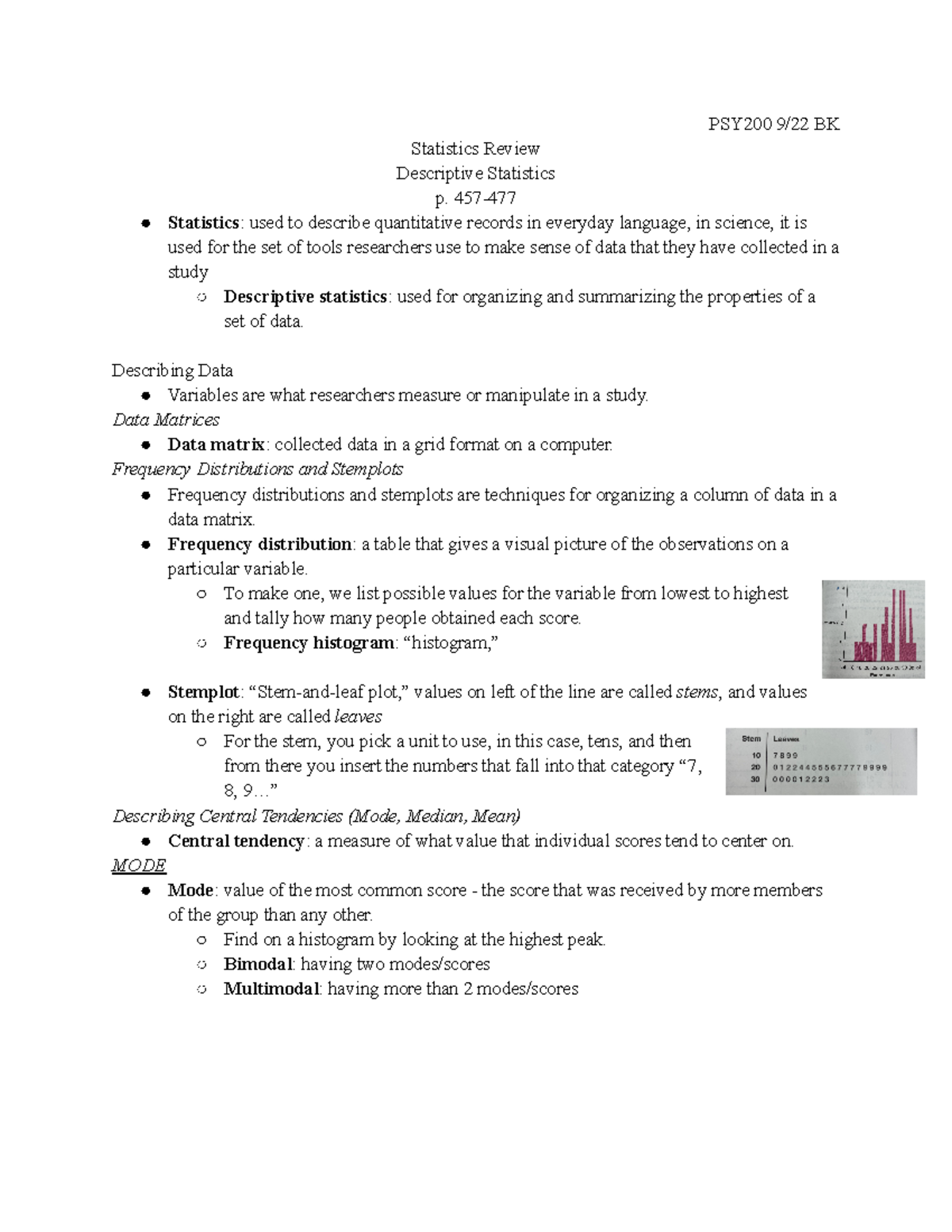 Statistics Review - Book Notes - PSY200 9/22 BK Statistics Review ...