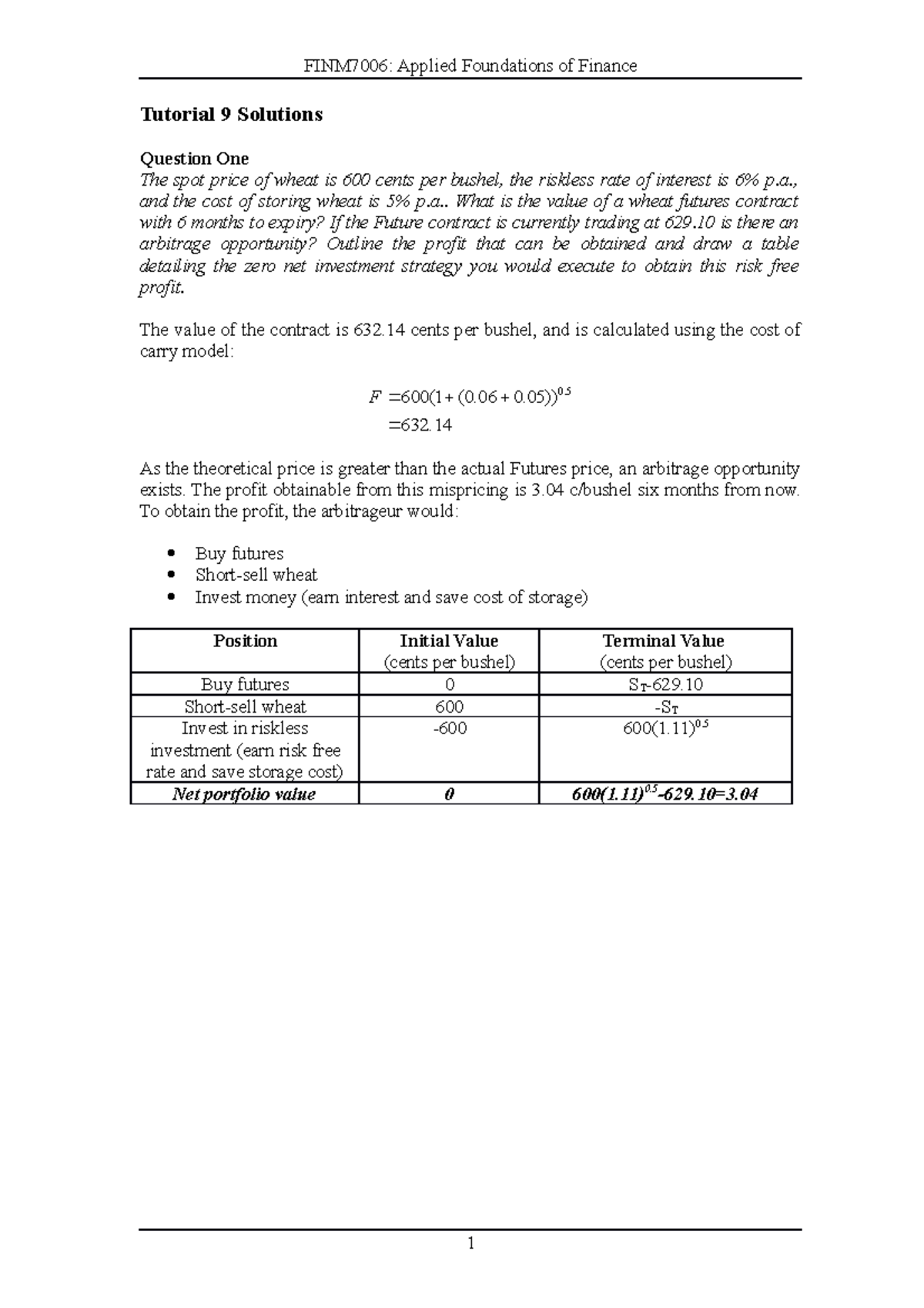 Tutorial 9 Solutions (1) - FINM7006: Applied Foundations of Finance Tutorial 9 Solutions ...