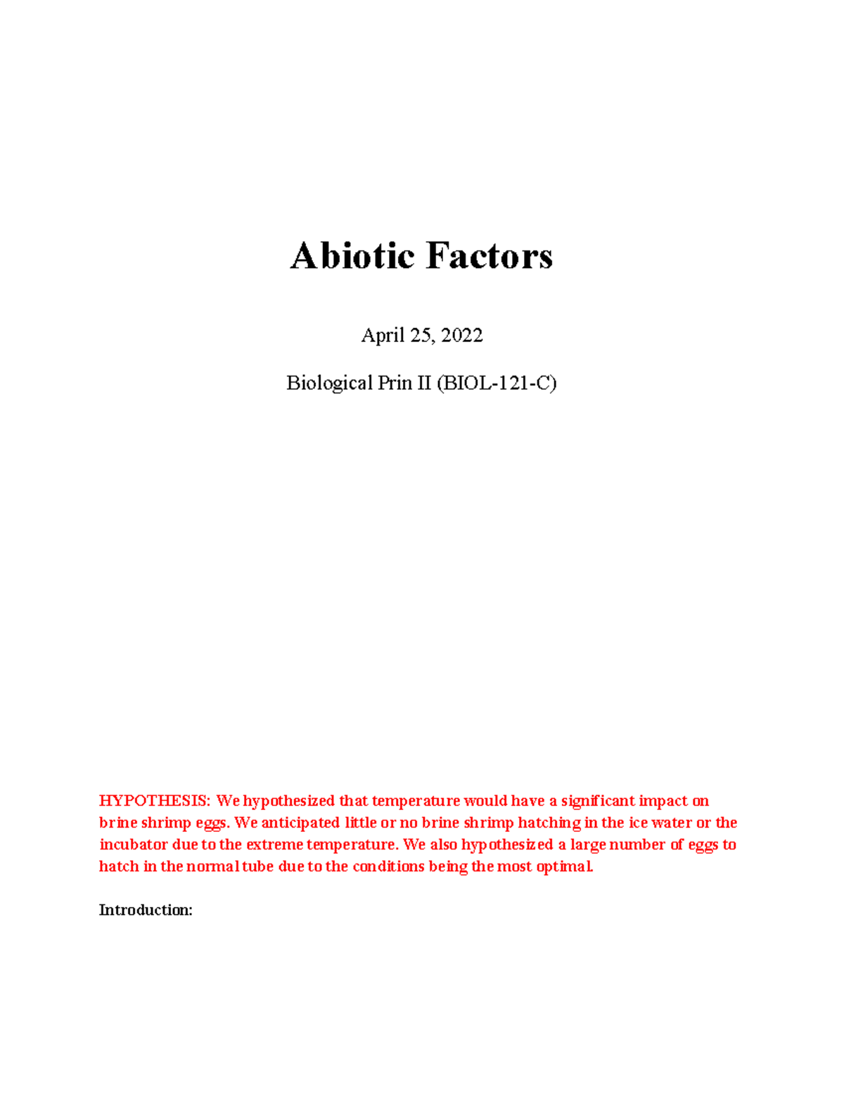Abiotic Factors LAB Report - Abiotic Factors April 25, 2022 Biological ...