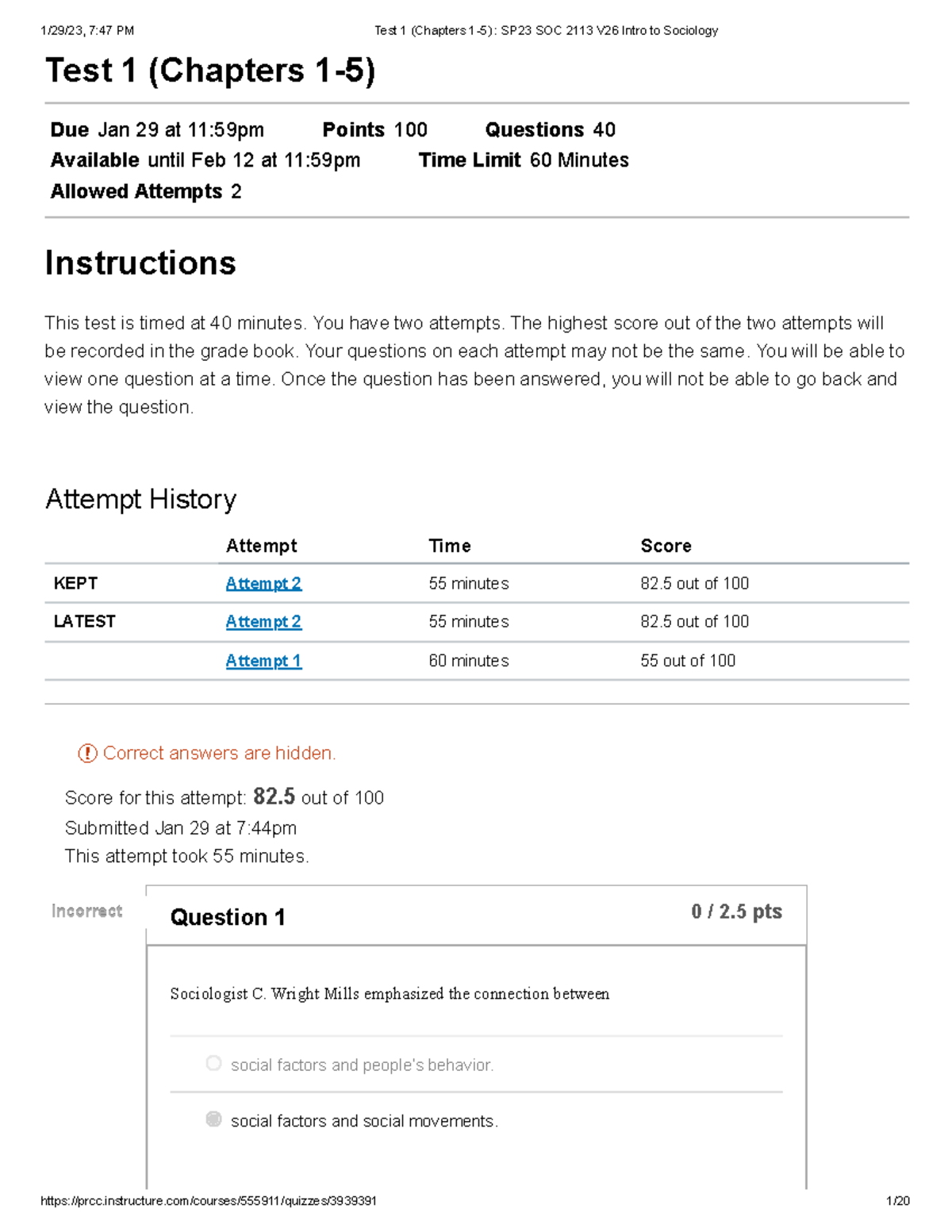 Test 1 (Chapters 1-5) SP23 SOC 2113 V26 Intro to Sociology - Test 1 ...