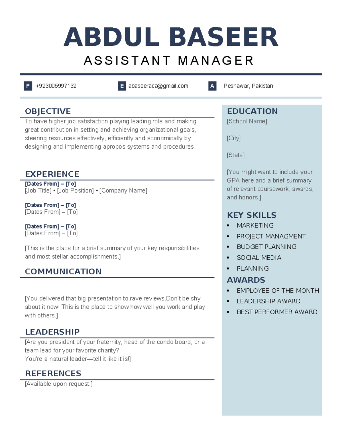Organized modern resume - ABDUL BASEER A S S I S T A N T M A N A G E R P +923005997132 E - Studocu