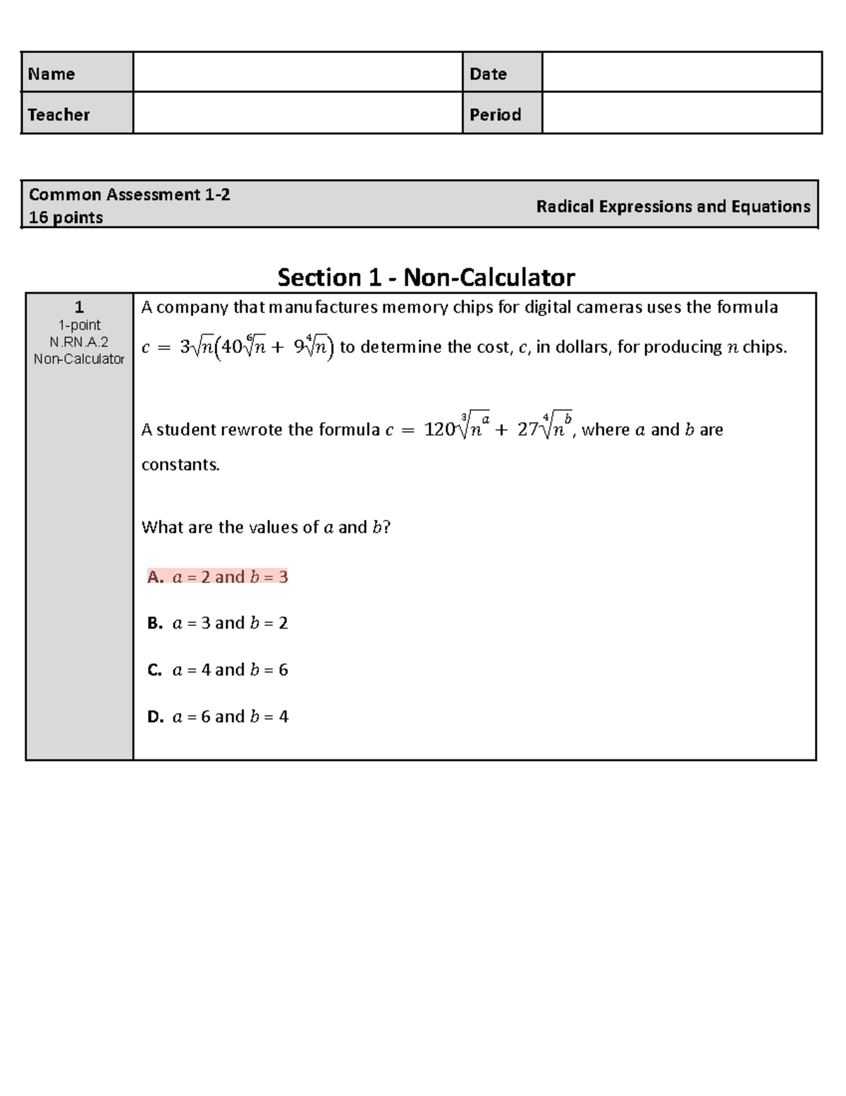 Algebra 2 - Common Assessment 1-2 - Name Date Teacher Period Common ...