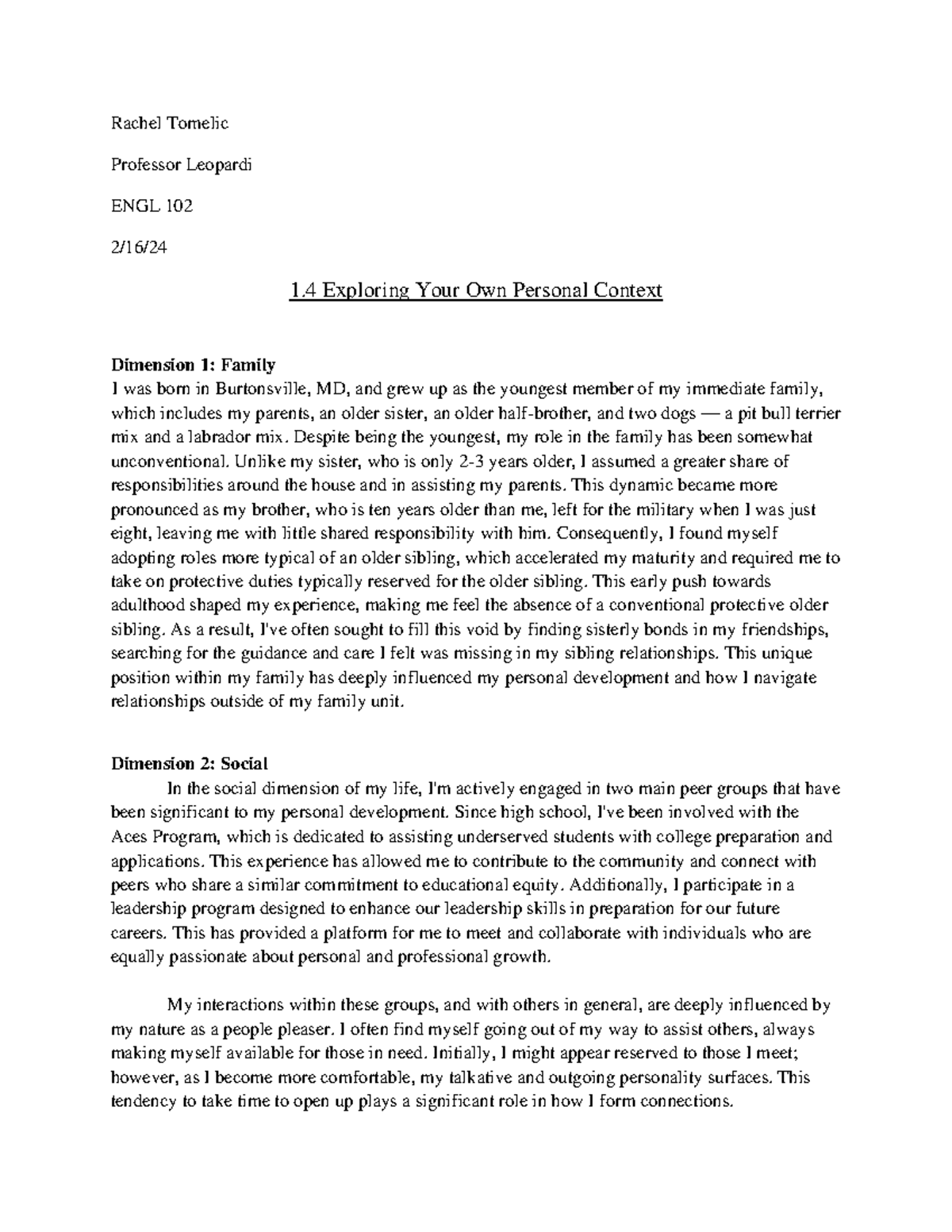 1.4 Exploring Your Own Personal Context - Rachel Tomelic Professor ...