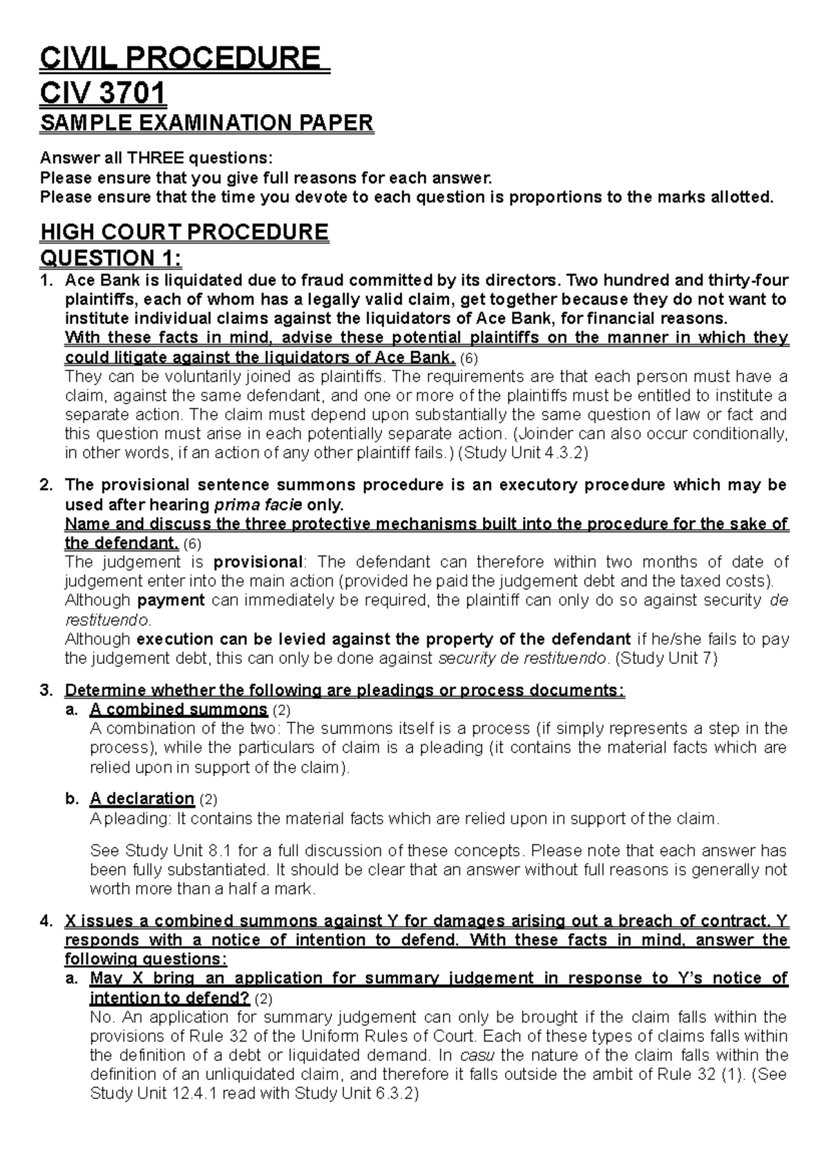 CIV 3701 notes 4 2024 - CIVIL PROCEDURE CIV 3701 SAMPLE EXAMINATION ...