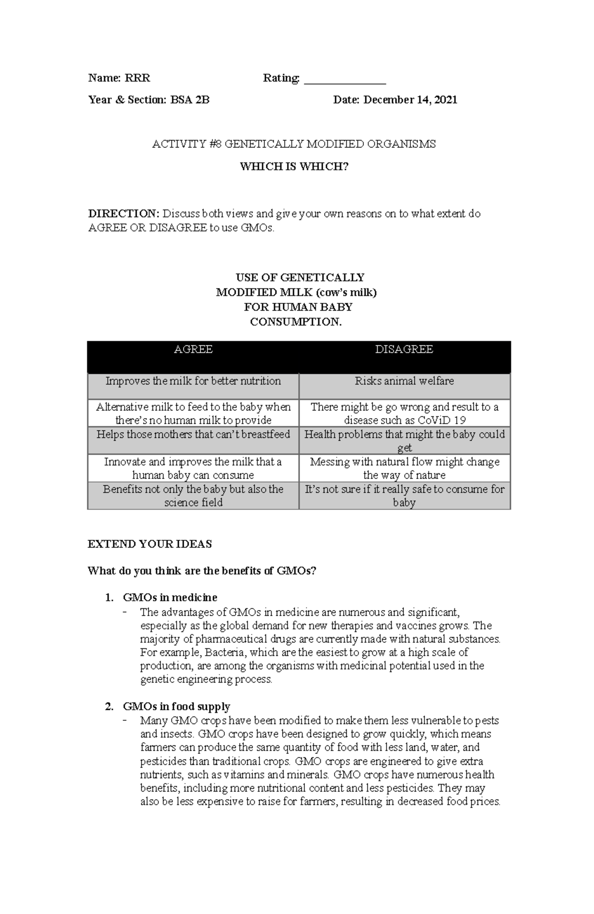 STS- Activity-GMO Part 2 - Name: RRR Rating: ______________ Year & Section: BSA 2B Date: - Studocu