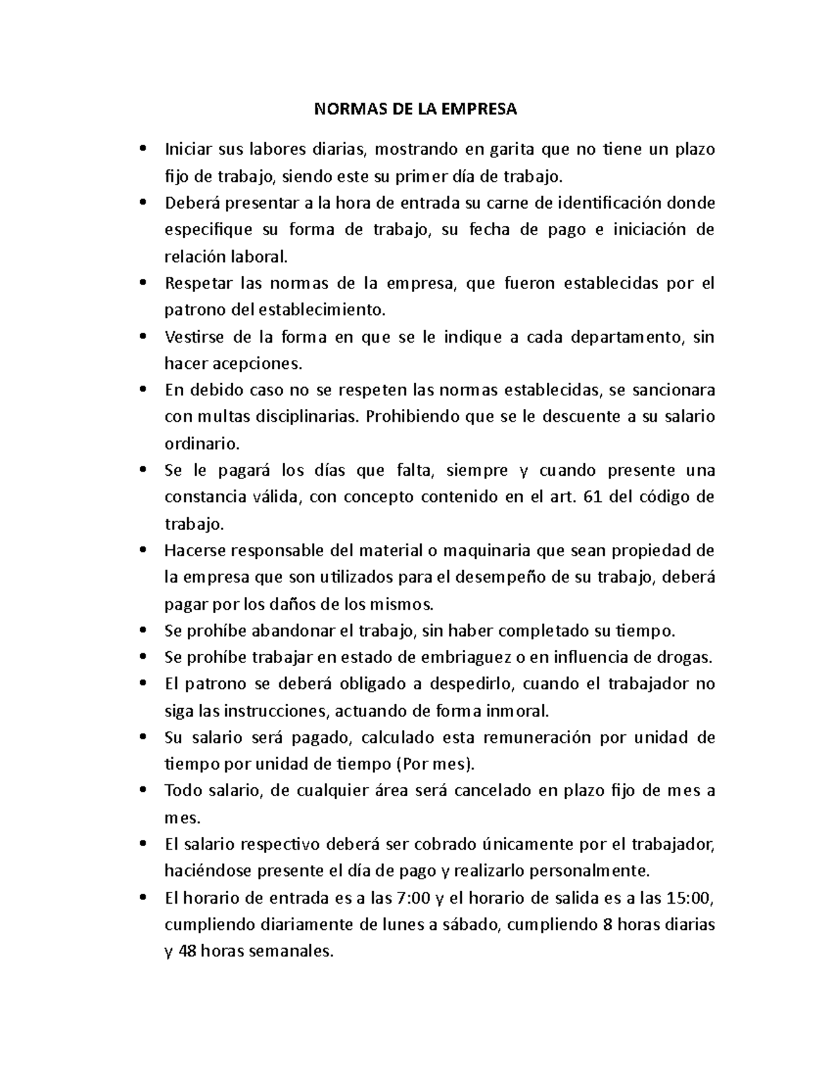 Normas DE LA Empresa - asdfa - NORMAS DE LA EMPRESA Iniciar sus labores diarias, mostrando en ...