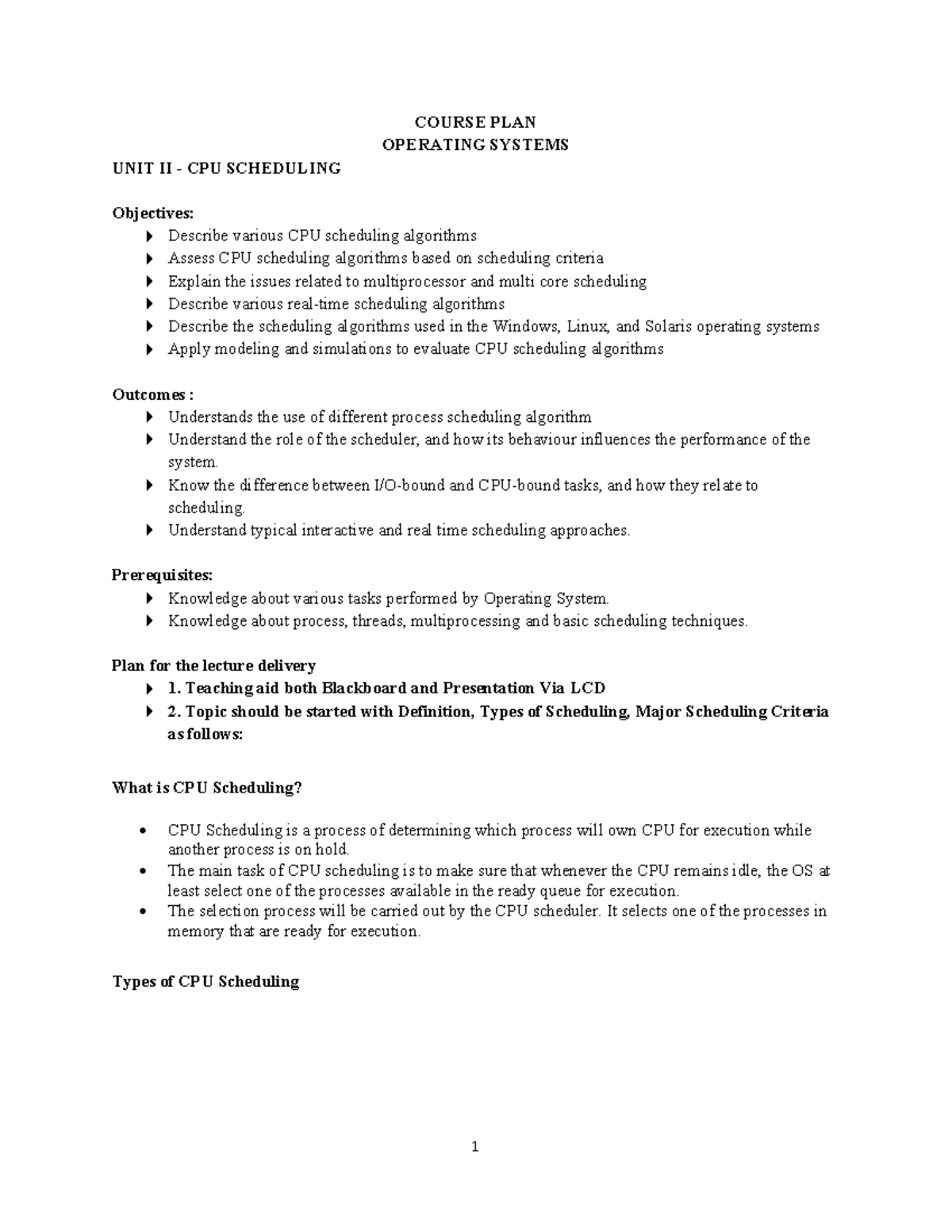 Os course material - Notes - COURSE PLAN OPERATING SYSTEMS UNIT II ...