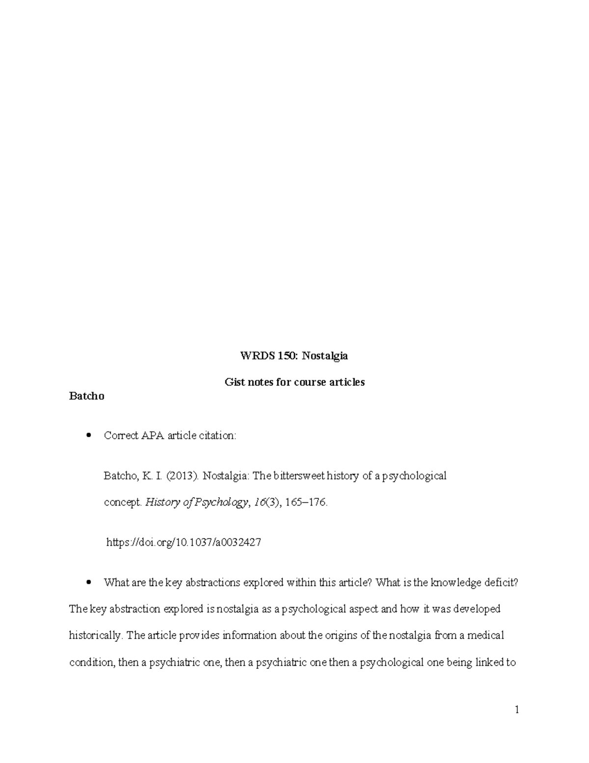 WRDS 150 Nostalgia GN - assignment - WRDS 150: Nostalgia Gist notes for ...