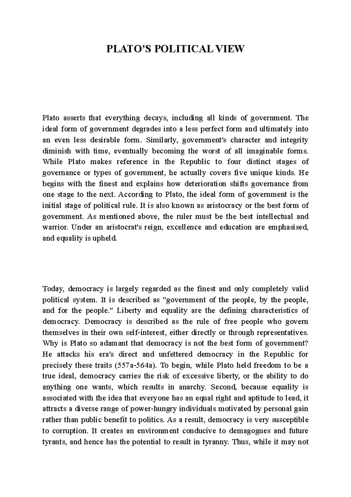 Plato’S Political VIEW - PLATO’S POLITICAL VIEW Plato asserts that ...