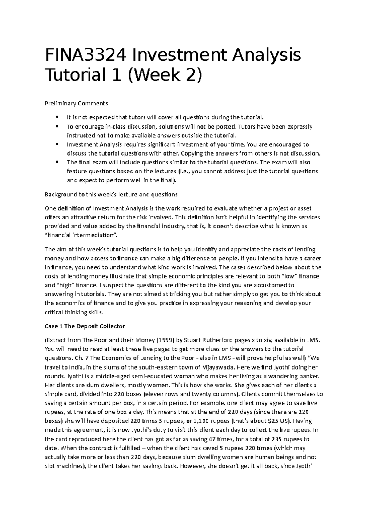 FINA3324 Tutorial 1 - FINA3324 Investment Analysis Tutorial 1 (Week 2 ...