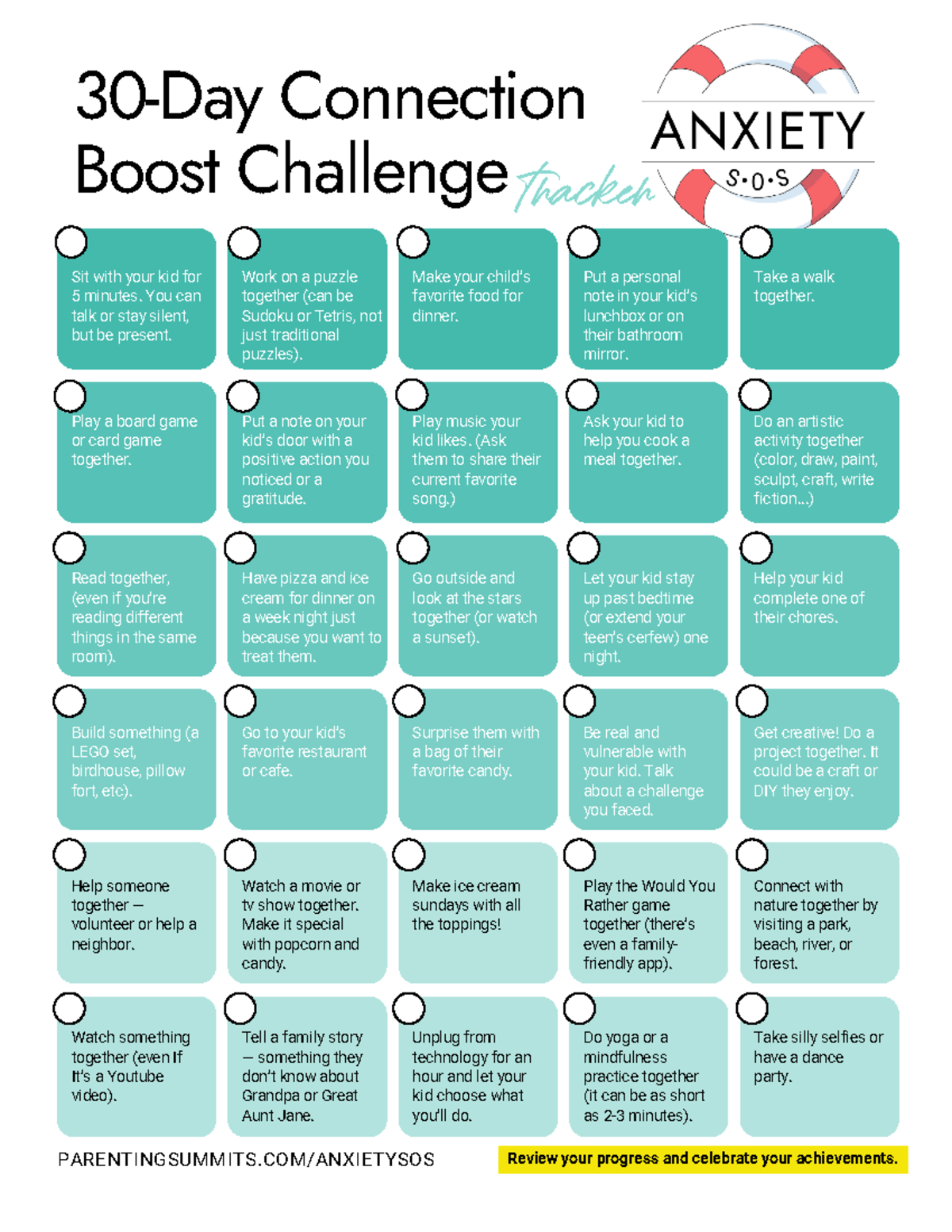 30 Day Connection Boost Challenge Tracker for Anxiety SOS - Sit with ...