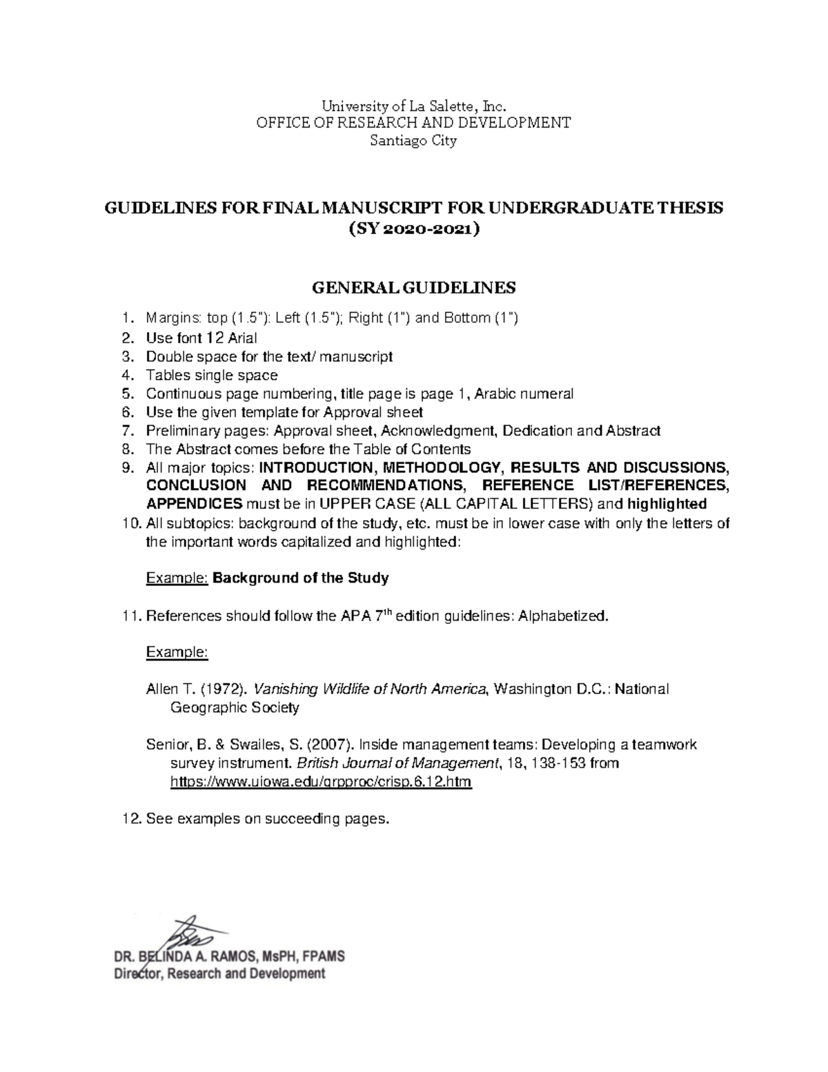 Guidelines FOR Final Manuscript FOR Undergraduate Thesis 1 1 ...
