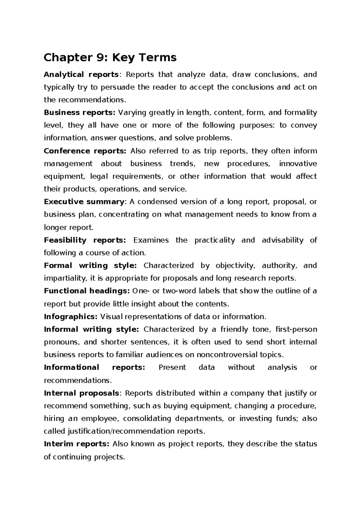 Key term Chapter 9-14 - key terms - Chapter 9: Key Terms Analytical reports: Reports that ...